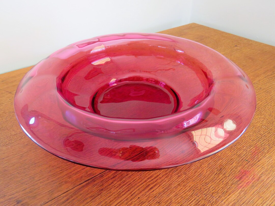 12" CRANBERRY GLASS Rolled Edge Optic Panel Bowl - Etsy