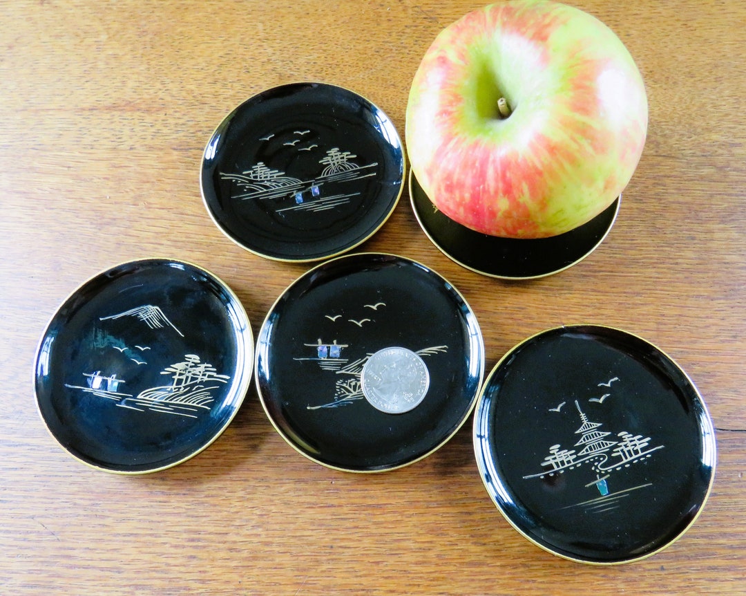 SET of 5 Japanese Lacquerware Coasters, Inlaid Mother of Pearl, One ...