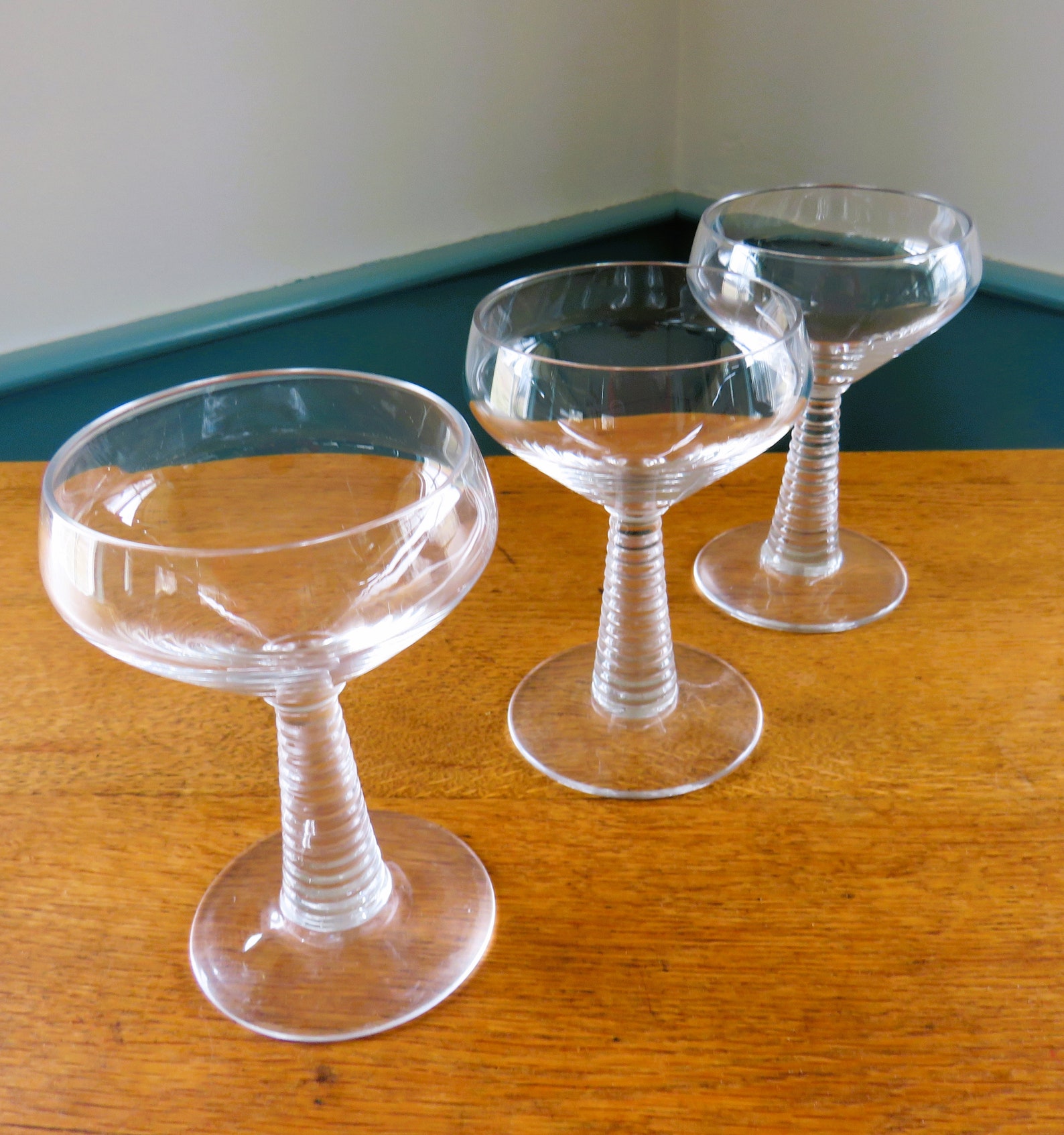 SET of 3 MCM Champagne Coupes Horizontal Ribbed Stems Light - Etsy