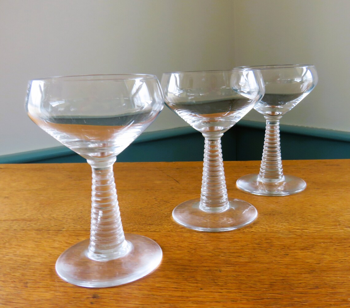 SET of 3 MCM Champagne Coupes Horizontal Ribbed Stems Light | Etsy
