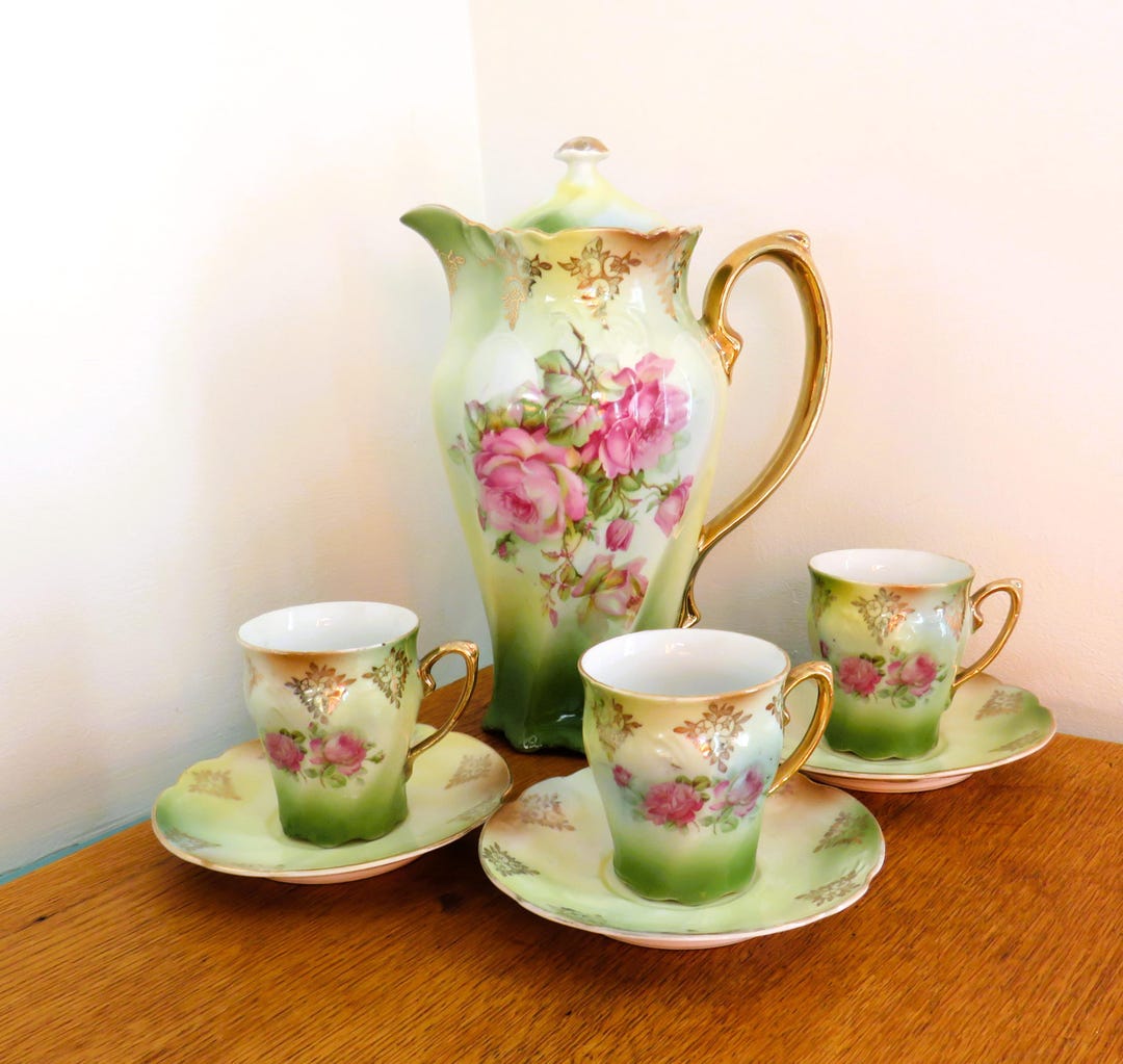Antique German Chocolate Pot Set: Handpainted Pink Roses, Gold Trim - Etsy