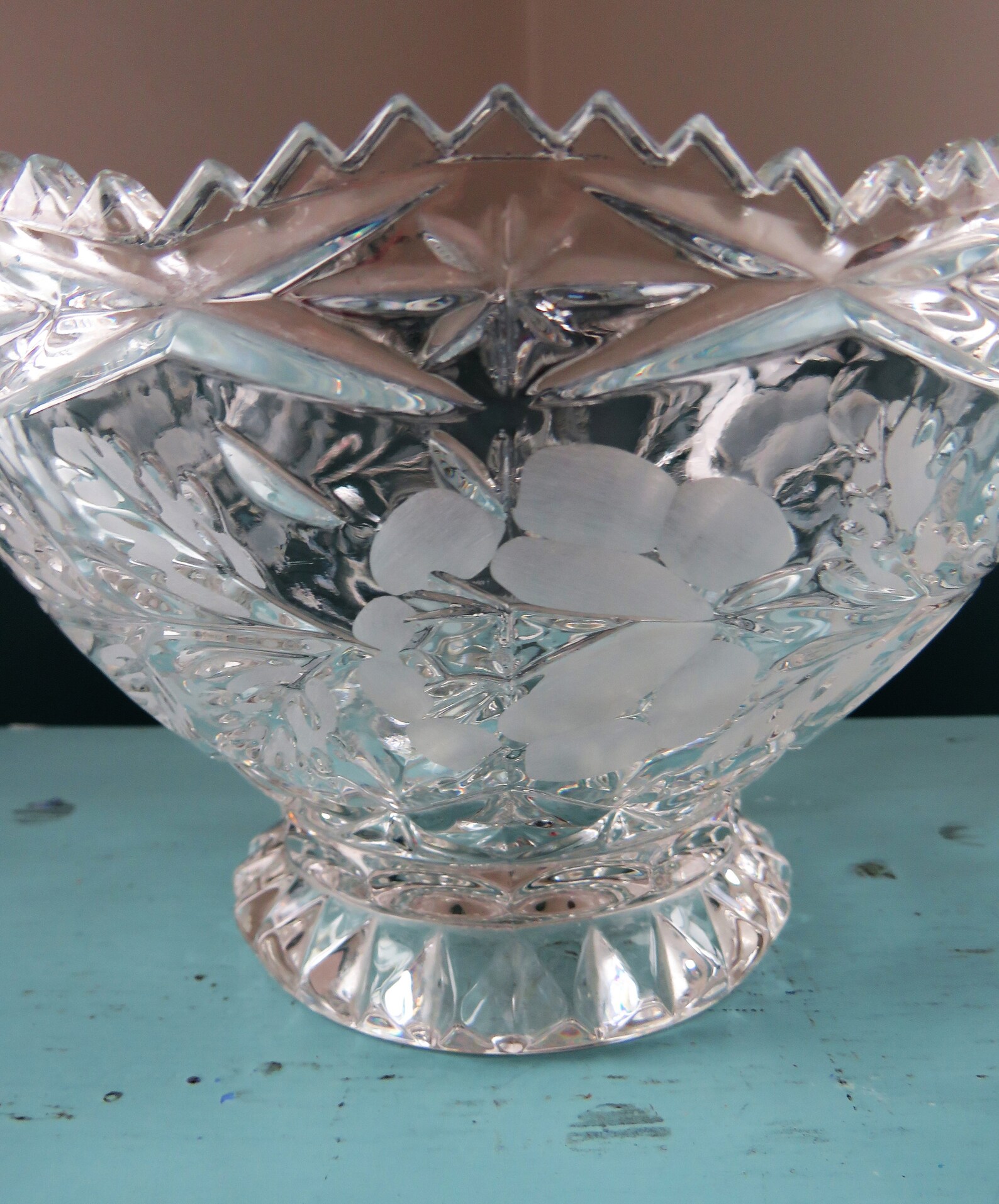 Crystal Pedestal Bowl, ZAJECAR KRISTAL Yugoslavia Etched Flower ...