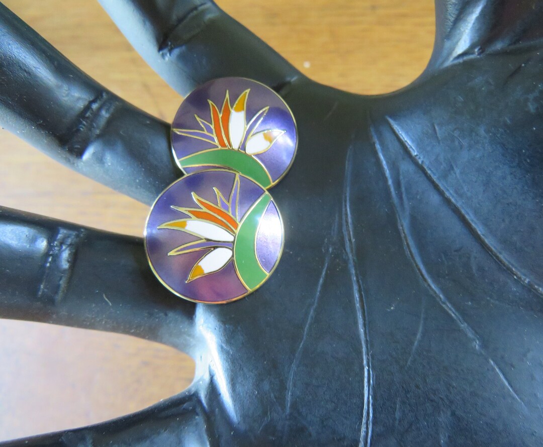Laurel Burch Bird of Paradise Earrings: Vintage Gold Tone Floral Studs ...