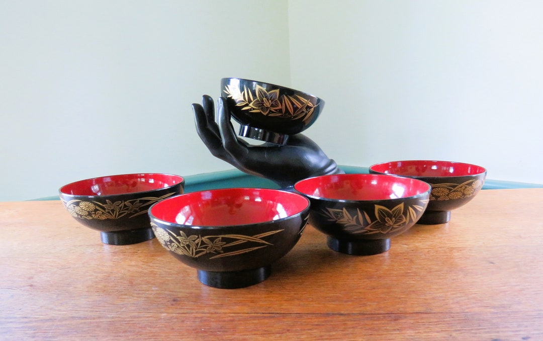 SET of 5 Japanese(?) Lacquerware Bowls, 2 Different Floral Patterns ...
