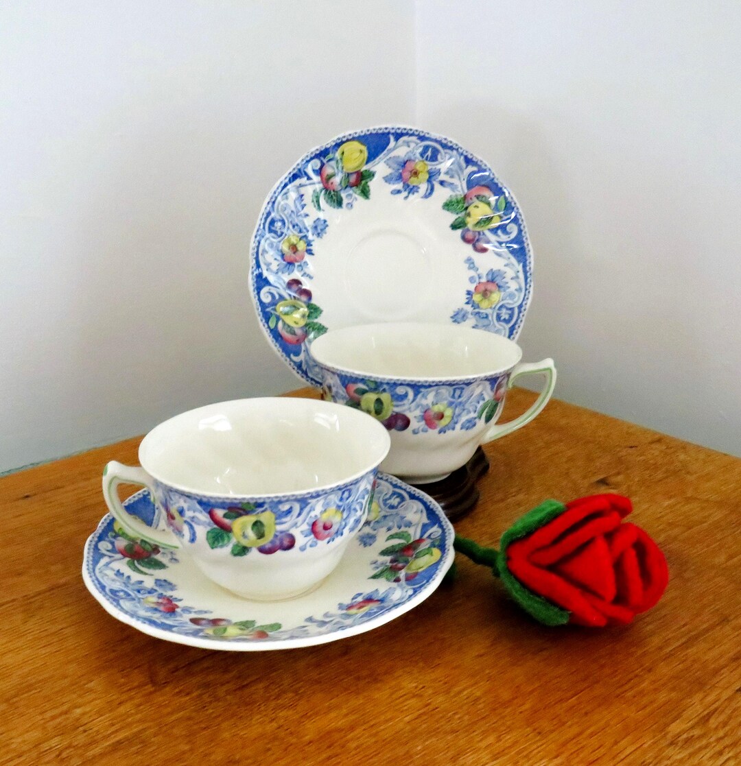 2 Royal Doulton Pomeroy Cups and Saucers, Multi-colored Fruits and ...