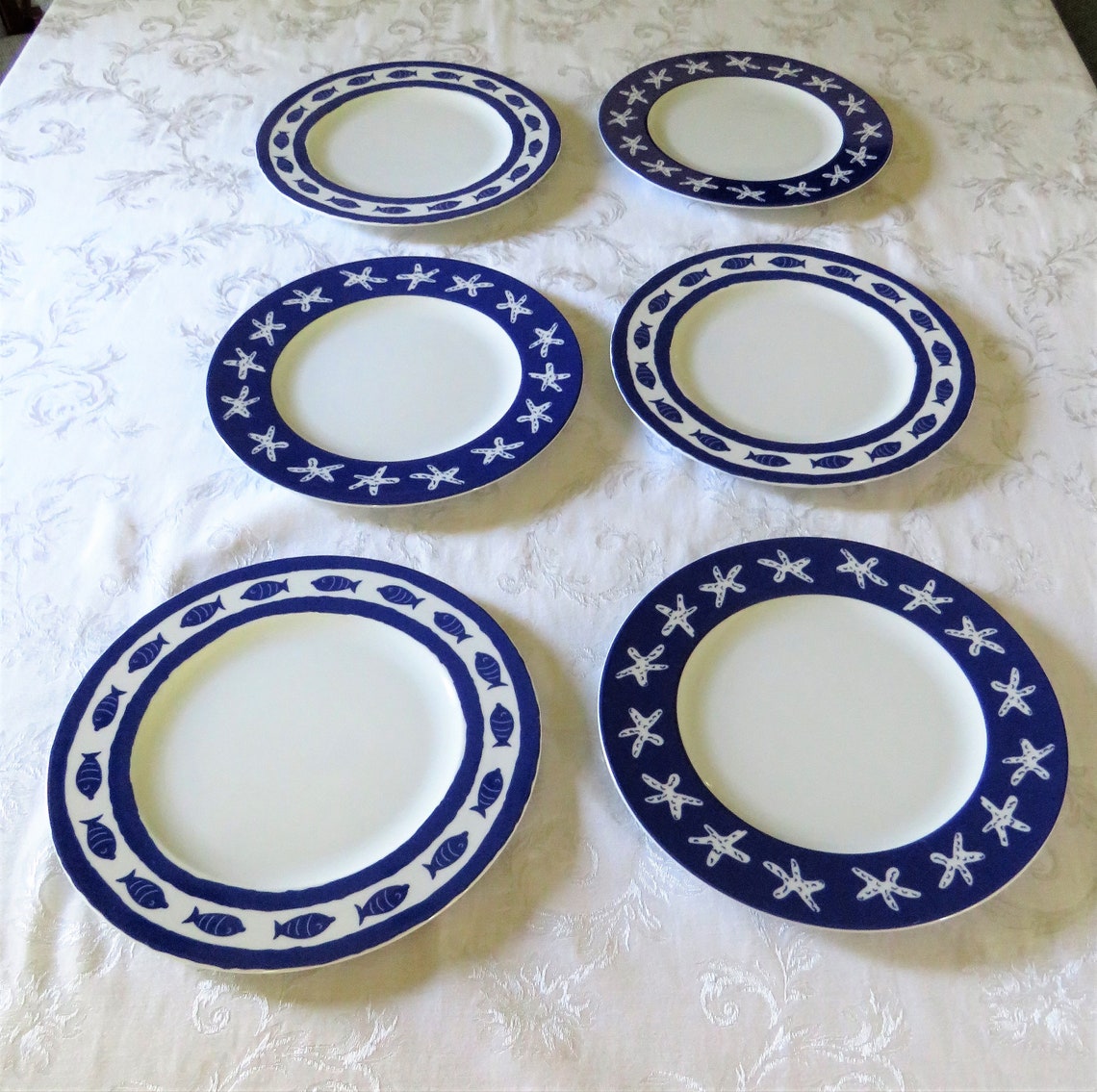 SET of 3 STARFISH Blue & White Dinner Plates, 10 5/8", Living Schones ...