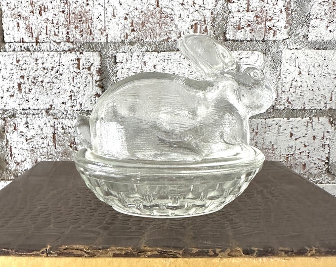 Vintage L E Smith Clear Glass Bunny on Nest Trinket Dish-nesting Rabbit ...