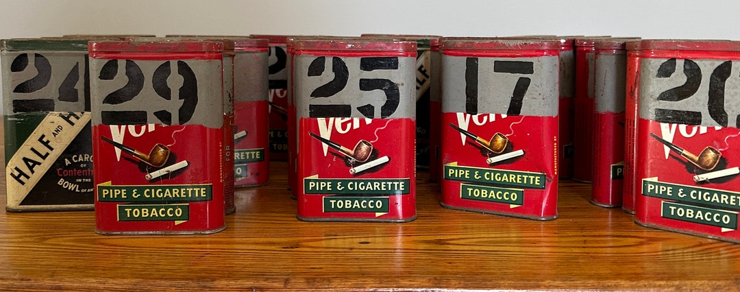 Vintage Lot of 28 Tobacco Tins With Stenciled Numbers, Velvet Pipe ...