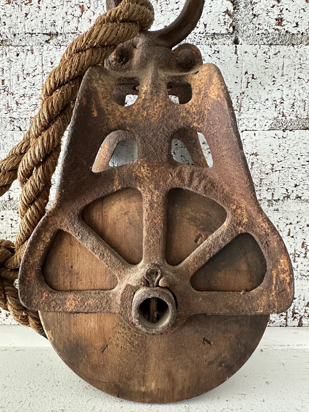 Antique Pulley Made of Cast Iron & Wood on Rope, Farmhouse, Rustic Home ...