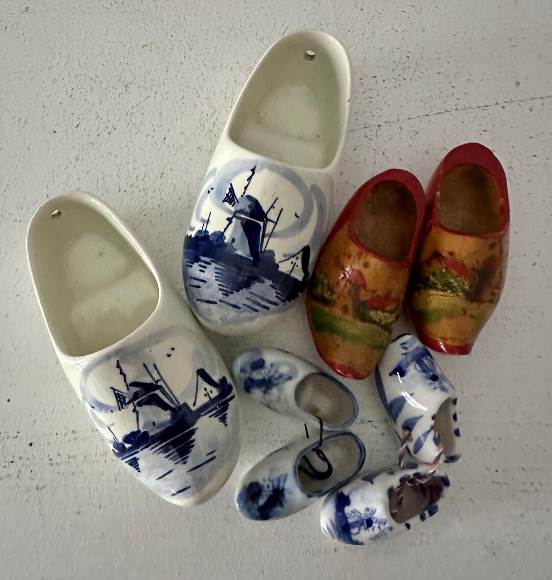Vintage Miniature Dutch Clogs: Delft Ceramic & Wood Shoes, Holland ...