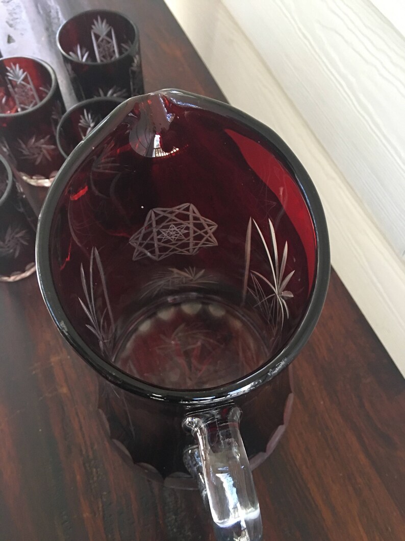 Ruby red pitcher 6 tumblers set press cut glass starburst | Etsy