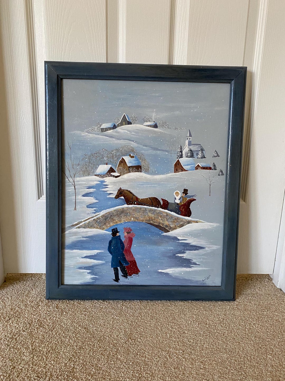 American Devine Oil on Board Winter Village Scene Folk Art Style Signed ...