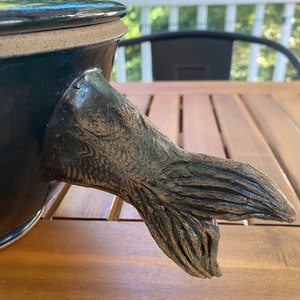 American Steve Turpin 20c Studio Pottery Folk Art Fish Handled Covered ...