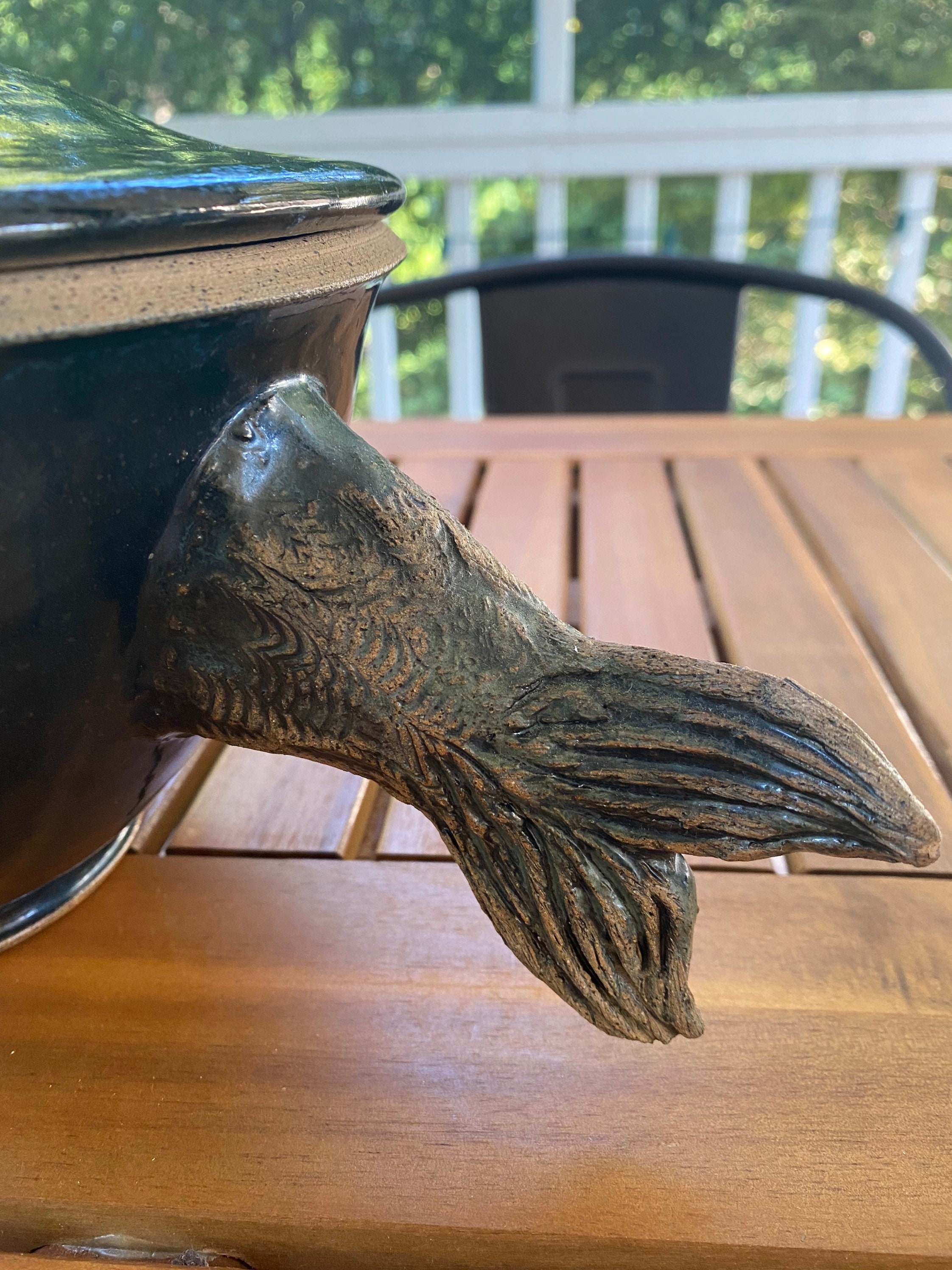 American Steve Turpin 20c Studio Pottery Folk Art Fish Handled Covered ...