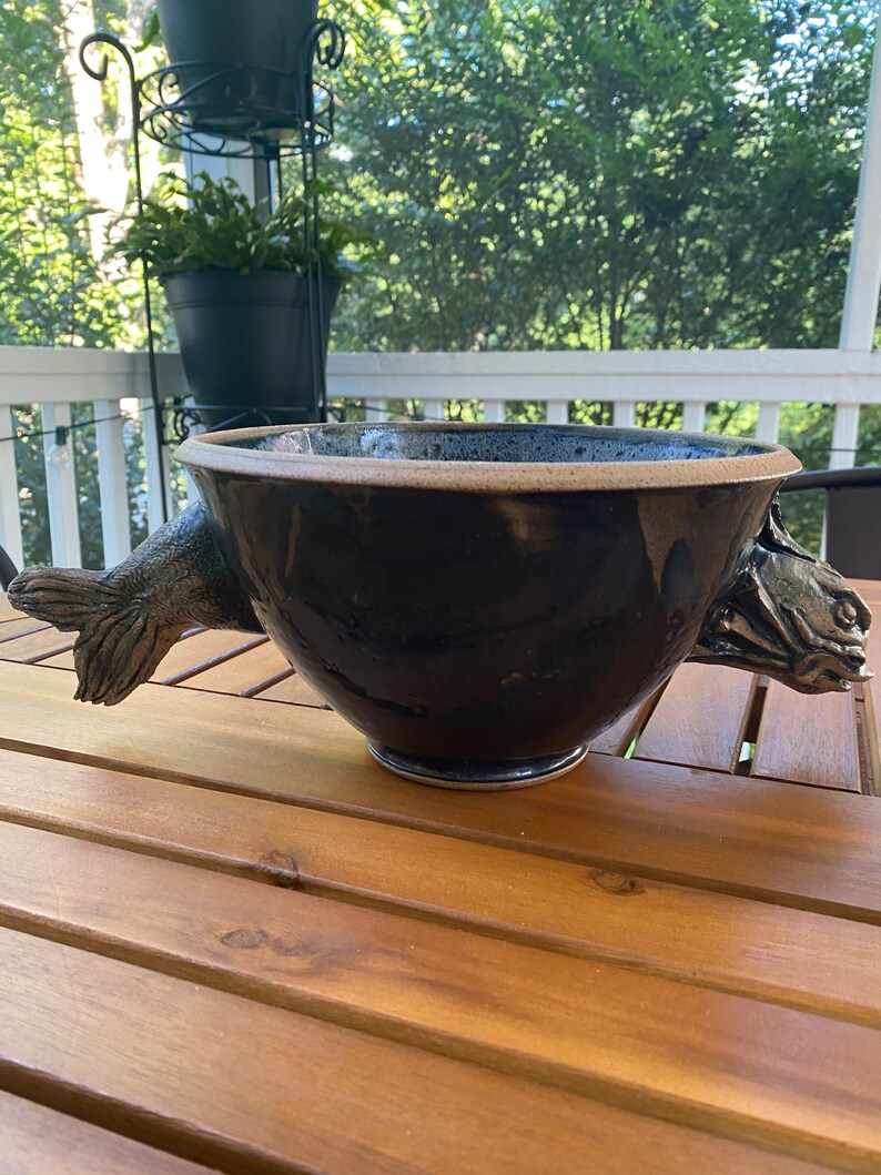 American Steve Turpin 20c Studio Pottery Folk Art Fish Handled Covered ...