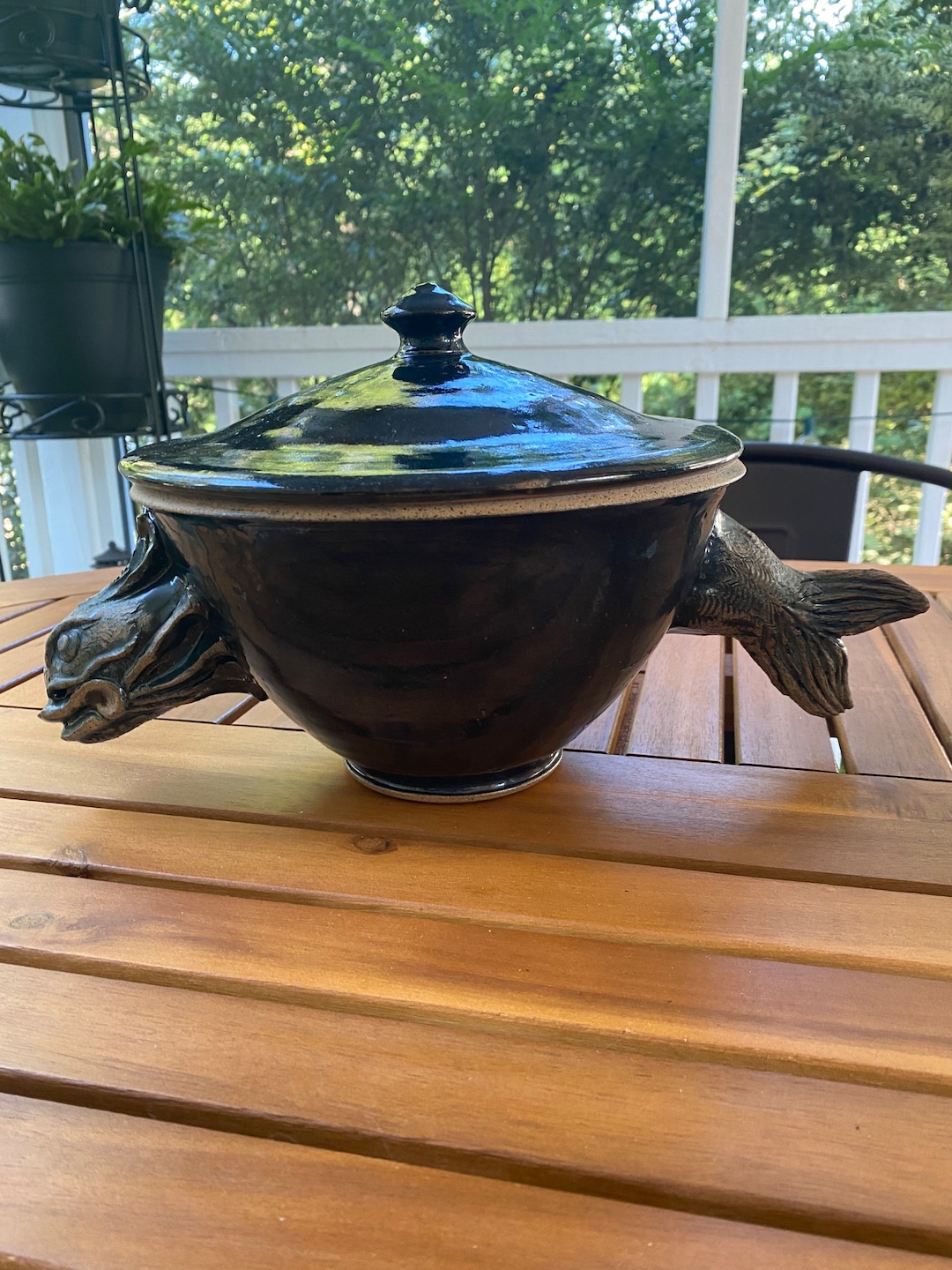 American Steve Turpin 20c Studio Pottery Folk Art Fish Handled Covered ...