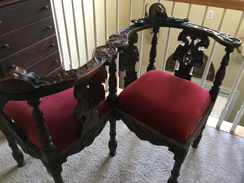 Antique carved ornate kissing chair red velvet suede | Etsy