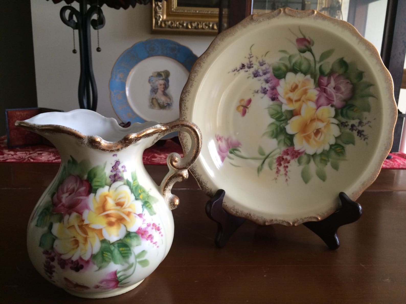 Lefton Japan Fine China Pitcher Jug With Underplate Hand Painted Sl ...