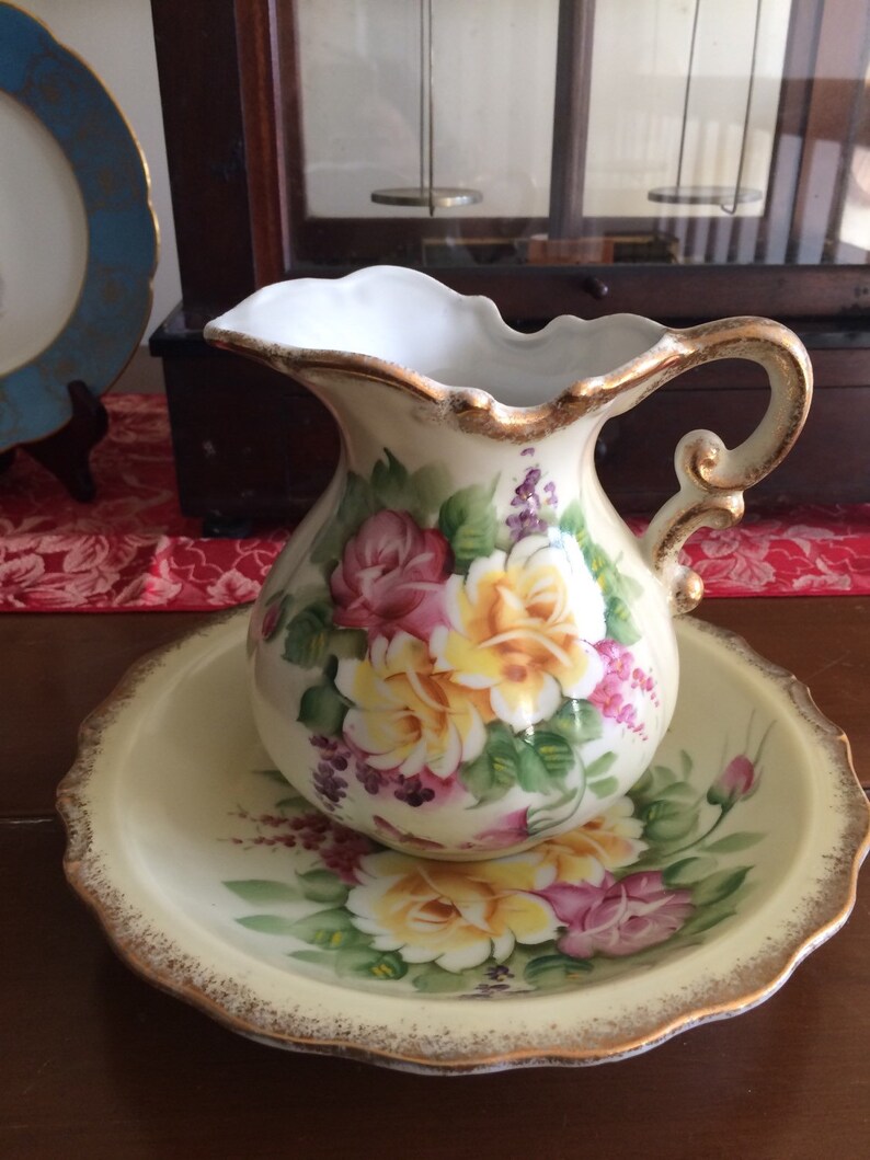 Lefton Japan Fine China Pitcher Jug With Underplate Hand Painted Sl ...