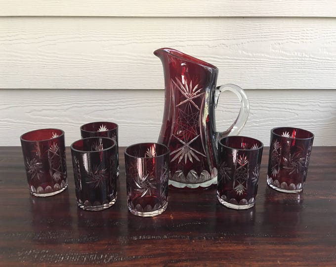 Ruby Red Pitcher 6 Tumblers Set Press Cut Glass Starburst - Etsy