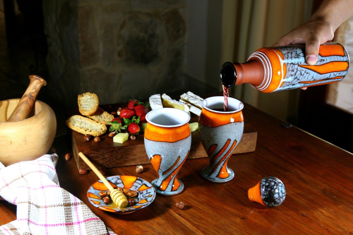 Pottery Wine Set Ceramic Bottle and Goblets Set Decanter and - Etsy