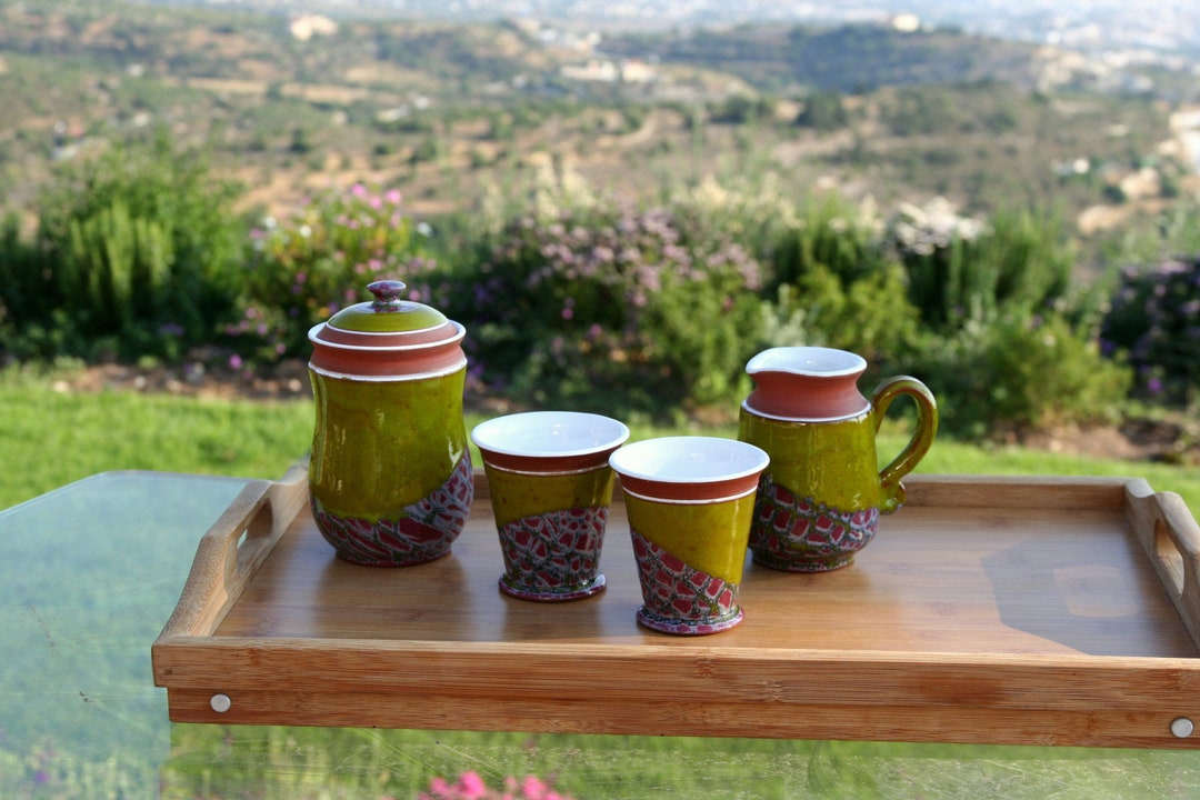 Green Pottery Coffee Set, Ceramics and Pottery, Sugar Pot and Cups ...