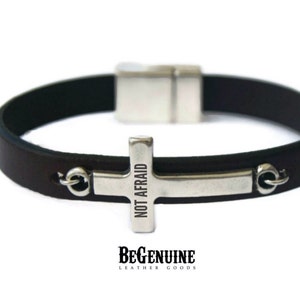 Not Afraid Inspirational Leather Bracelet With Cross Men's Leather ...