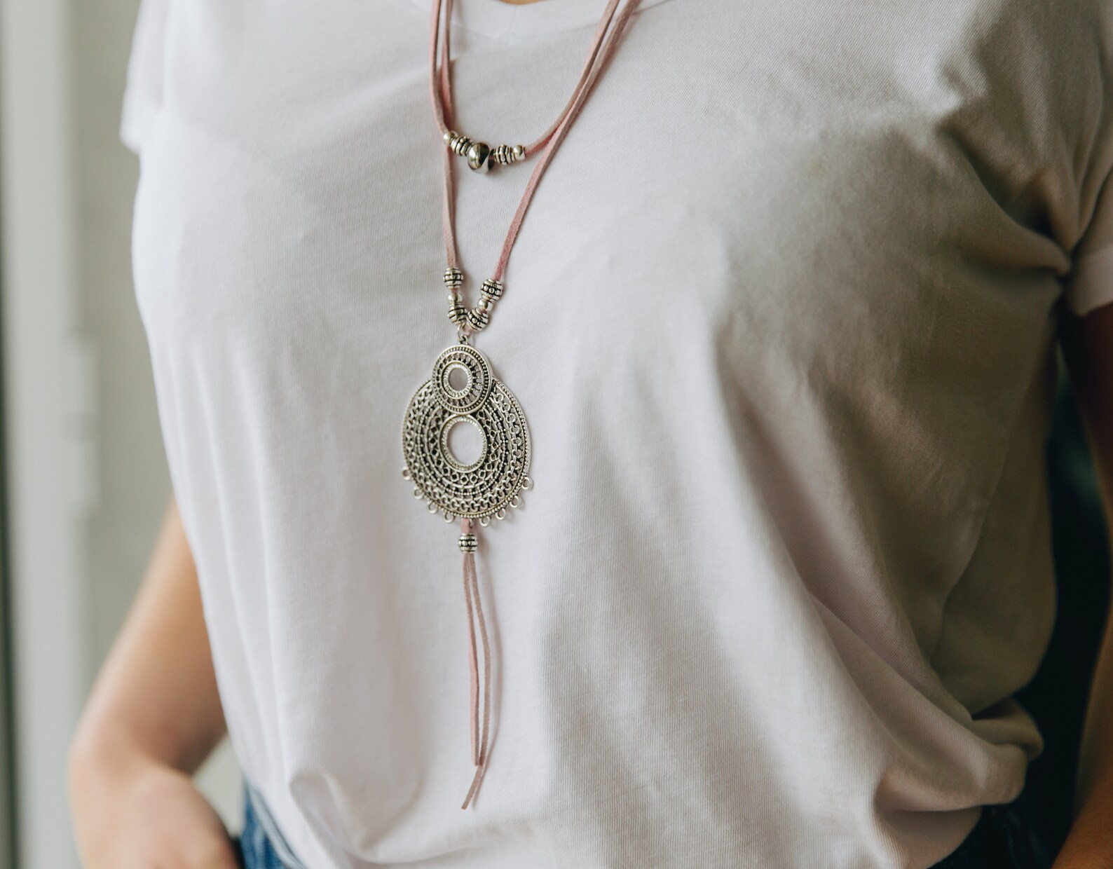 Long Layered Boho Necklace Blush Pink Leather Necklace Boho | Etsy