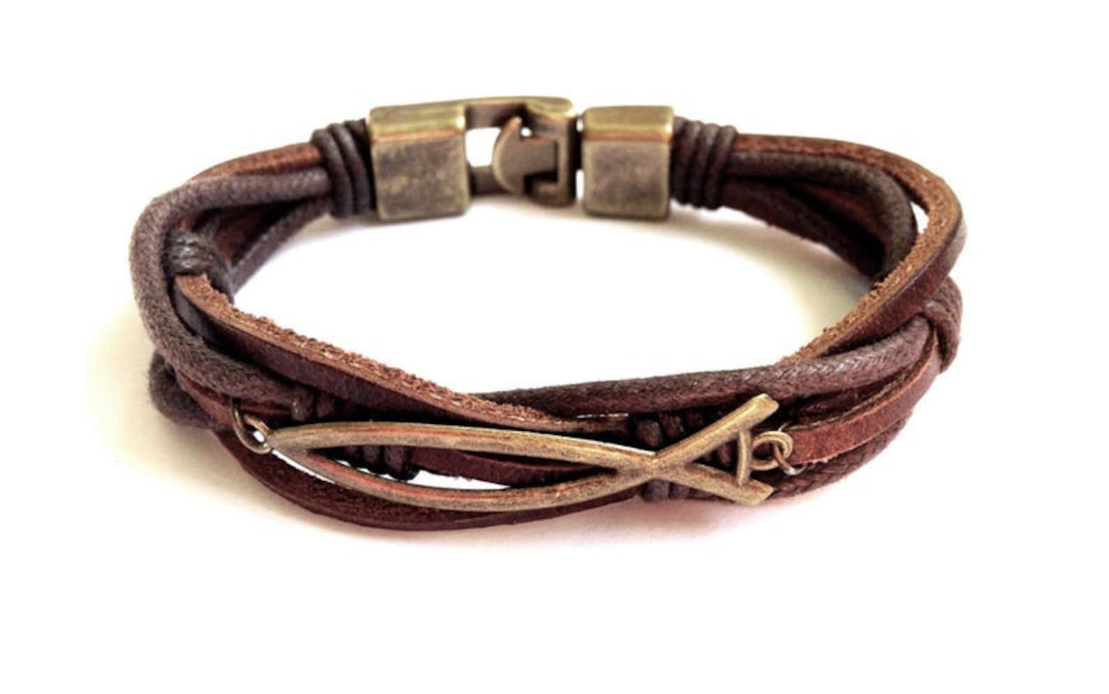 Christian Jewelry for Men Leather Bracelet Jesus Bracelet Ichthus ...