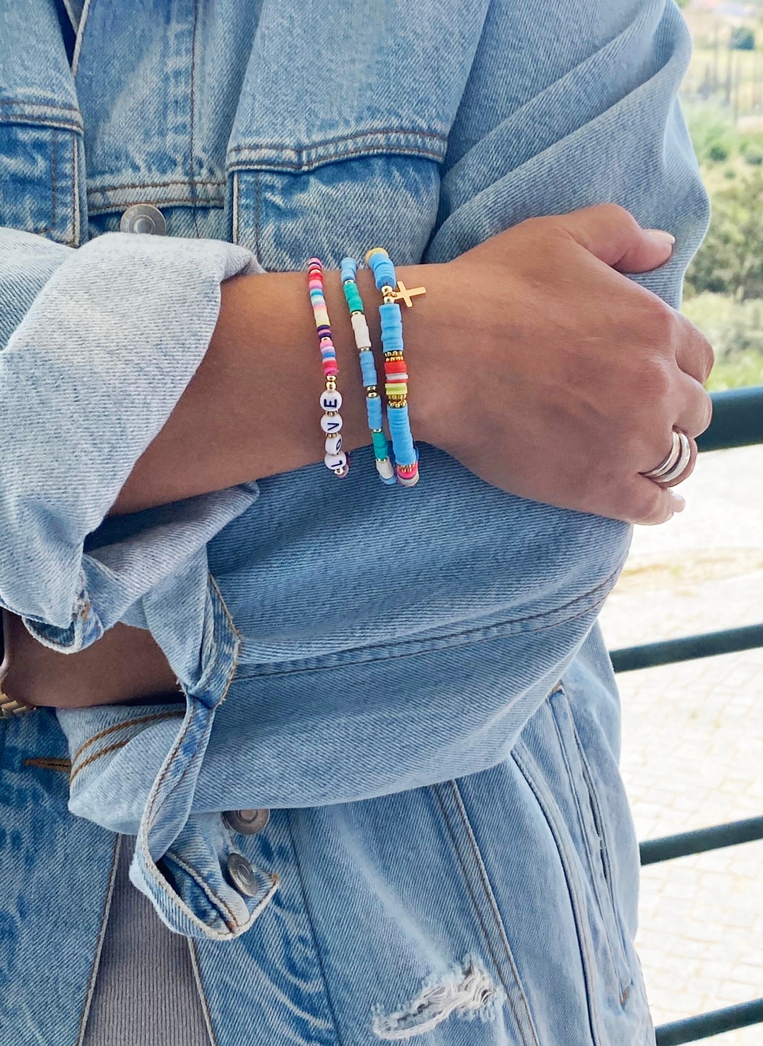 Personalized Beaded Bracelets for Women Stack Bracelet Set Cross Crucifix Charm Faith Gift for ...