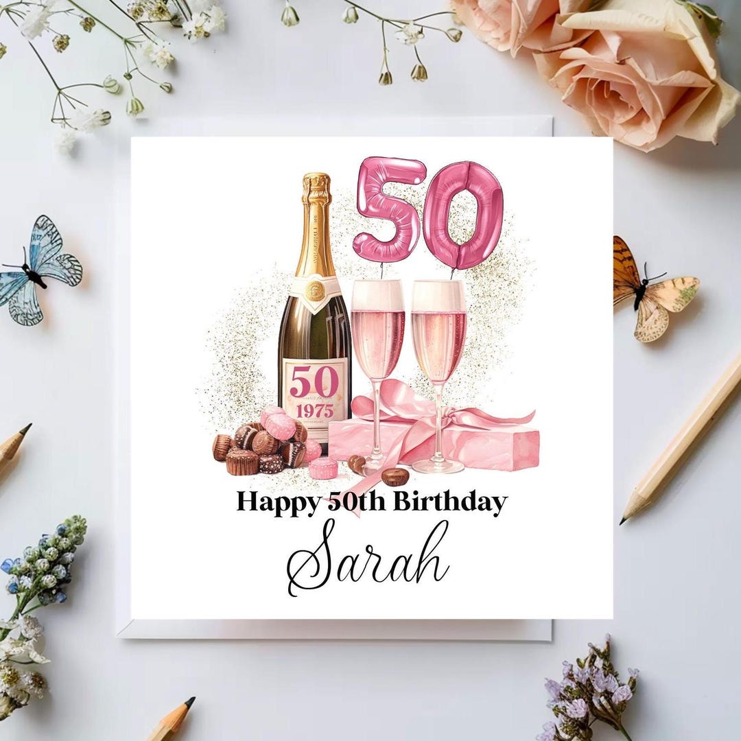 50th Birthday Card for Her, Ladies Birthday Card, Pink Champagne, on ...