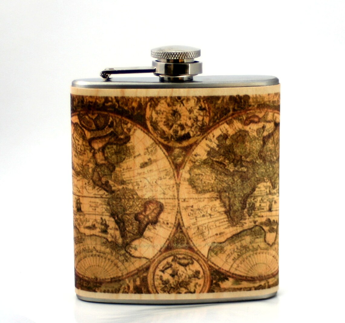 Real Wood World Map Flask Vintage Atlas Art Flask | Etsy