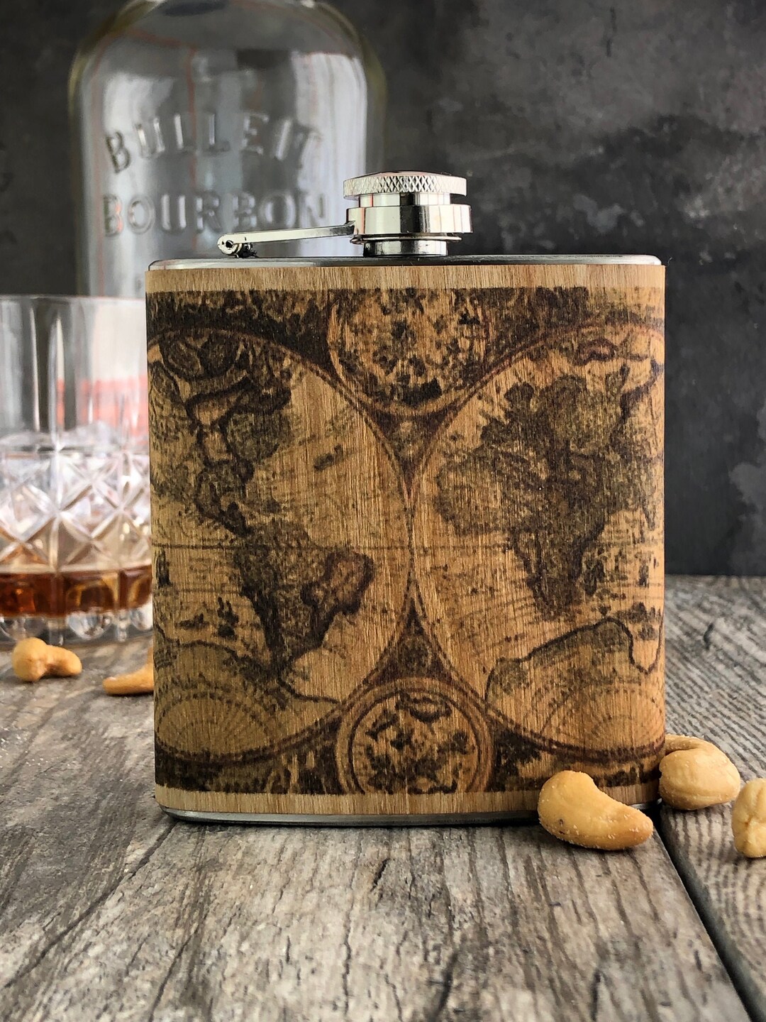 Real Wood World Map Flask, Vintage Atlas Art Flask, World Travel Flask ...