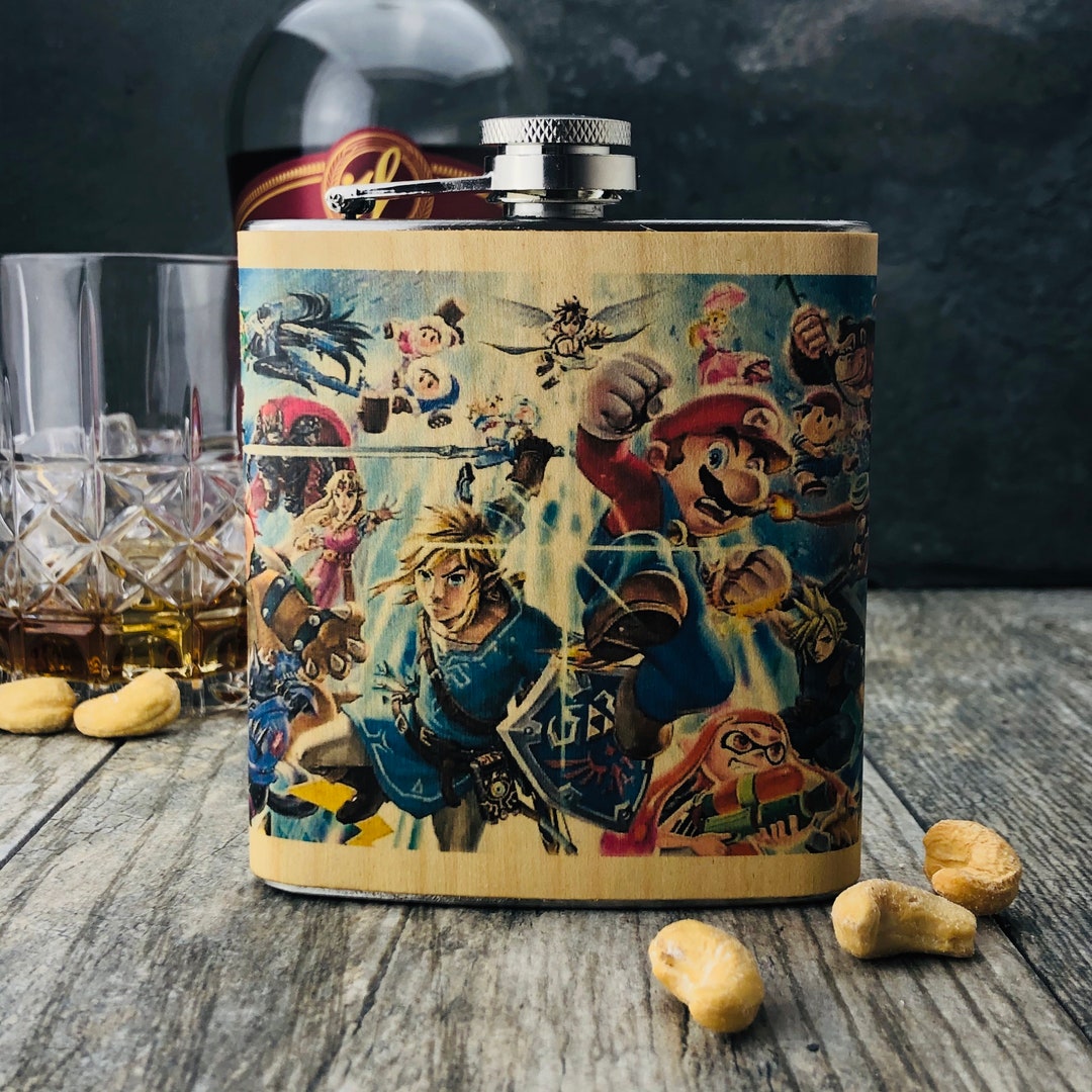Super Smash Bros Flask, Real Maple Wood Wrapped Flask, Zelda, Sonic ...
