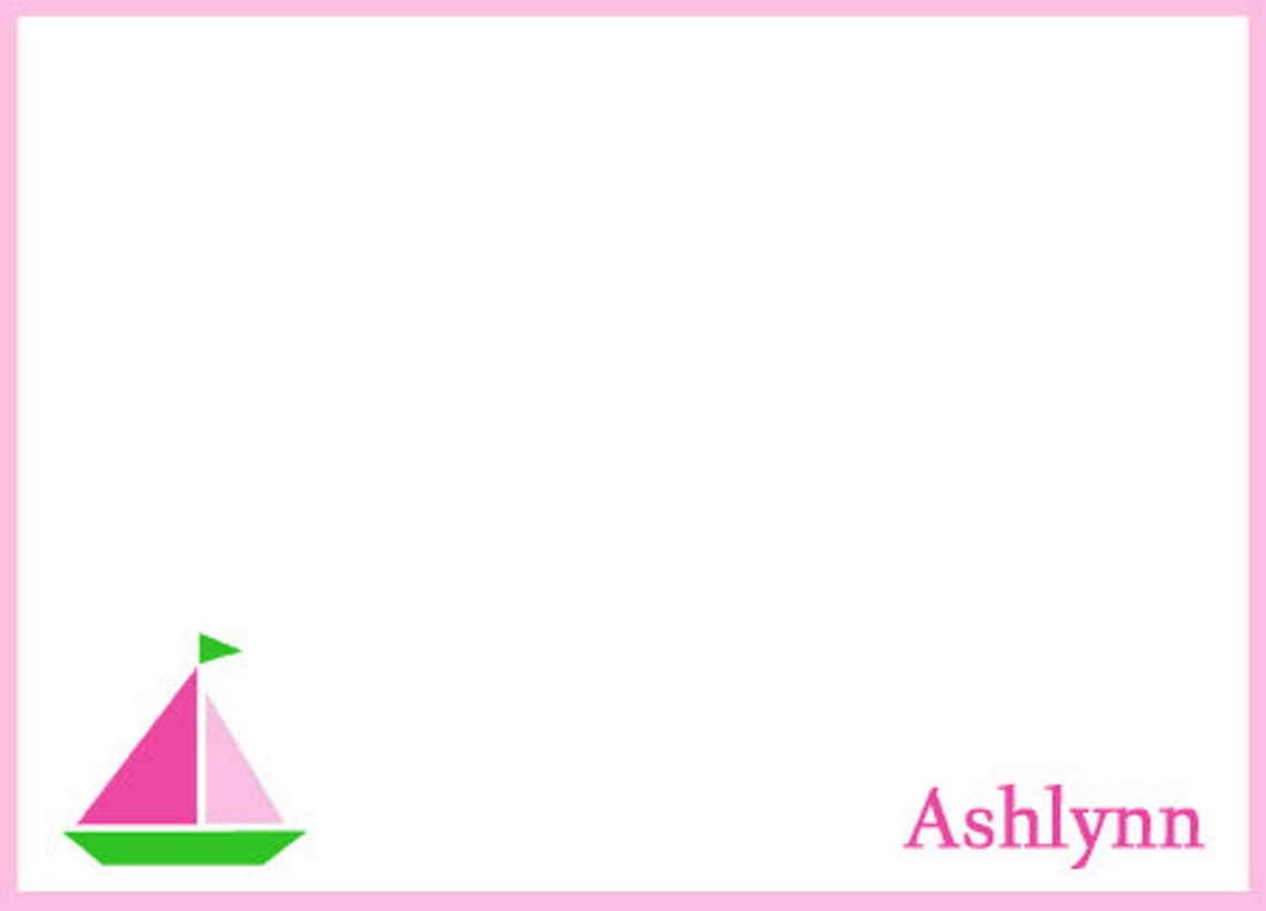 Personalized Girls Preppy Pink Sailboat Stationery 4 X 6 Flat Note Card ...
