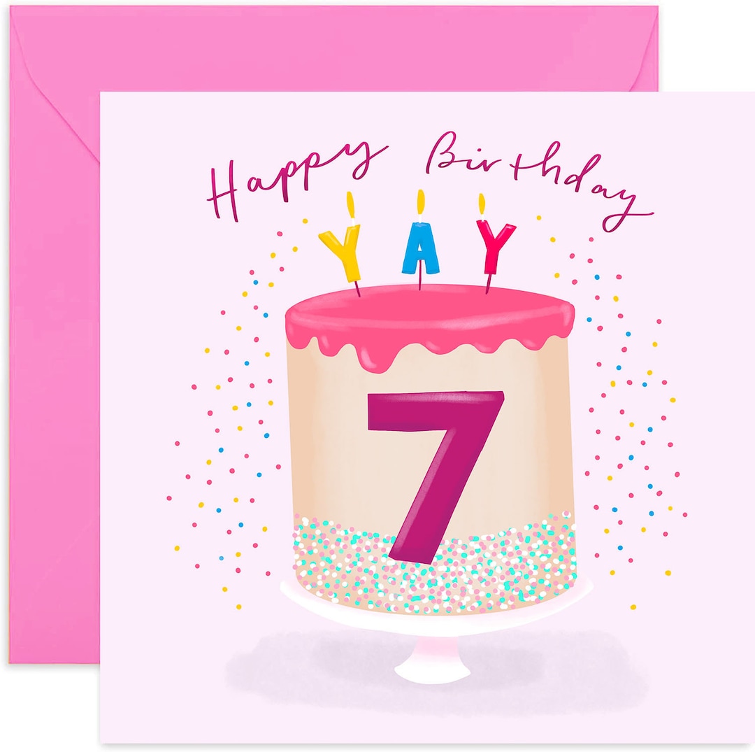 7th Birthday Pink Cake Card - Fun 7th Birthday Card - Cake 7th Birthday ...
