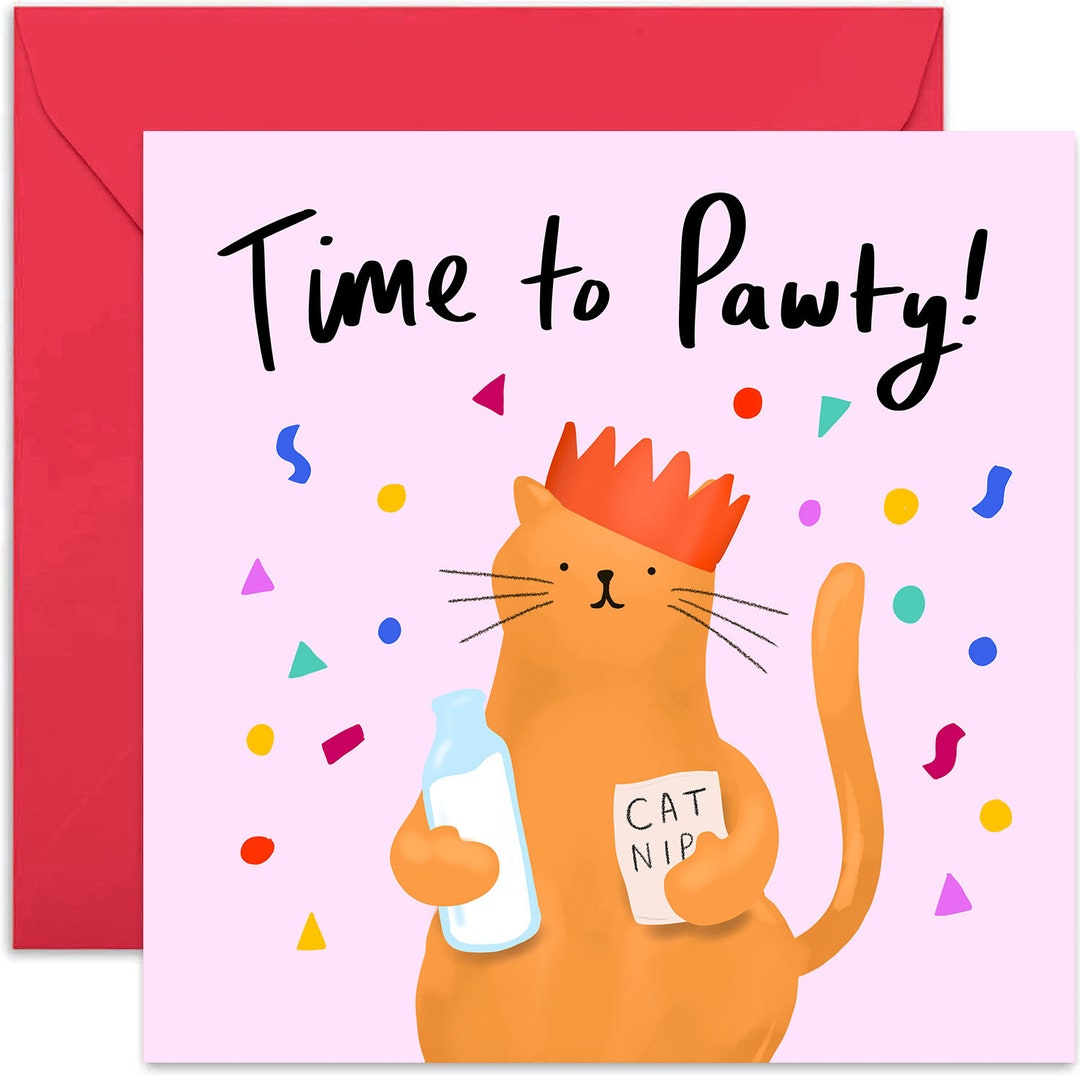Time to Pawty Cat Card - Birthday Card - Cat Birthday Card - Cute ...