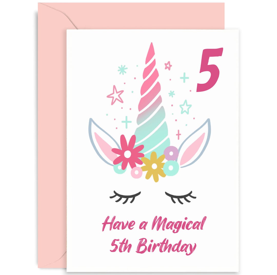 Unicorn 5th Birthday Card - Birthday Card for Her - Girl Birthday Card ...