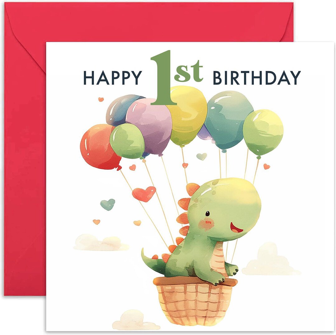 1st Birthday Card for Boys and Girls - Cute Dinosaur Balloons ...