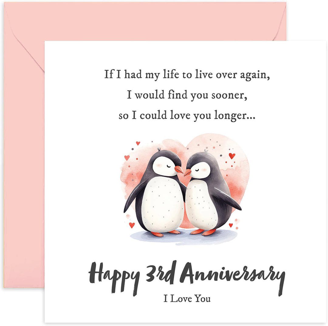 Penguin Wedding Anniversary Card - 'happy Third Anniversary' 3 Years ...