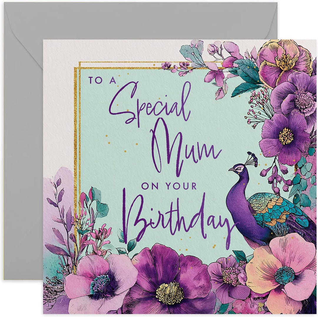 Special Mum Birthday Card, Beautiful Peacock and Floral Design, Square ...