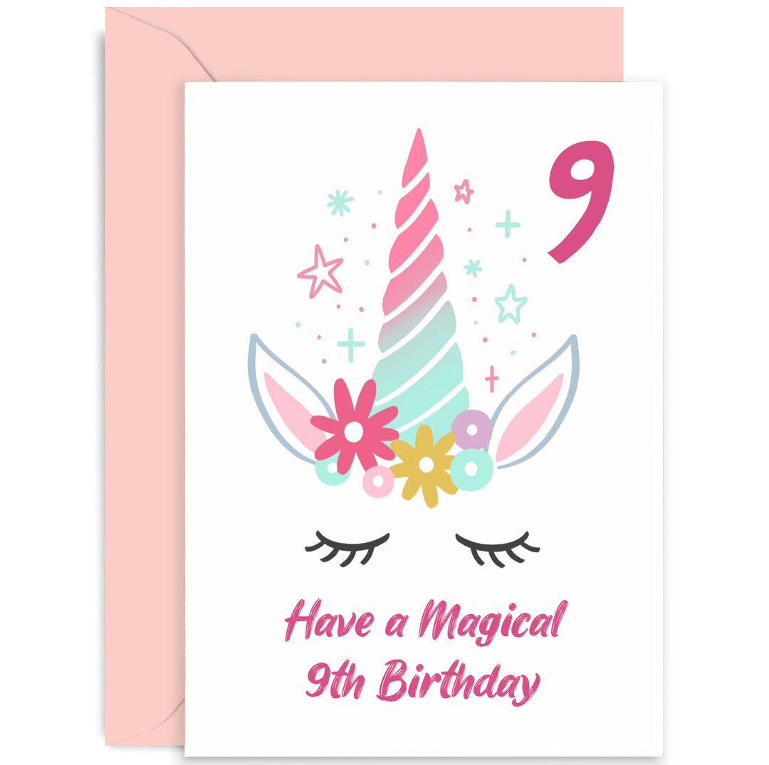 Unicorn 9th Birthday Card - Birthday Card for Her - Girl Birthday Card ...