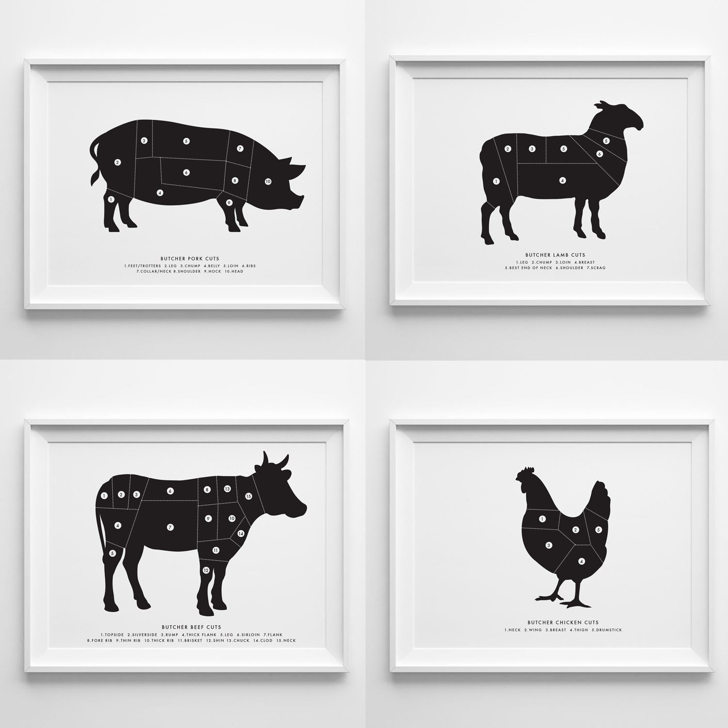 Set of 4 x A4Butcher Prints Numbered Butcher Chart butcher | Etsy