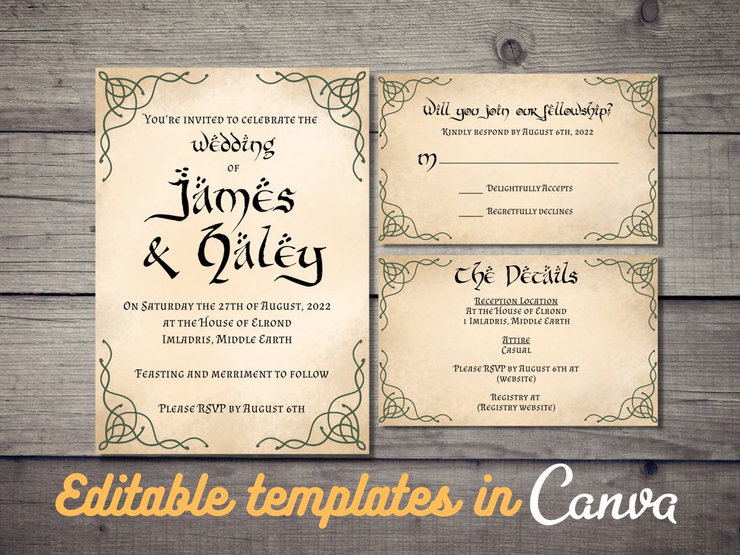 EDITABLE TEMPLATE Elven, Tolkien Inspired Wedding Invitation Collection ...