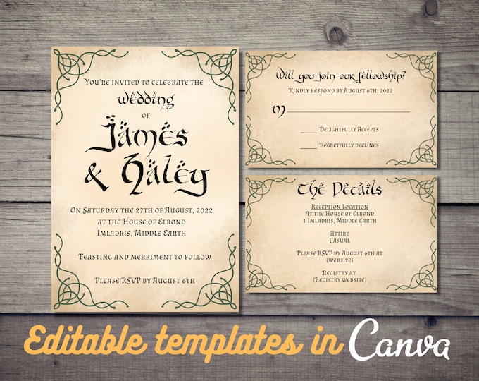 EDITABLE TEMPLATE Elven, Tolkien Inspired Wedding Invitation Collection ...