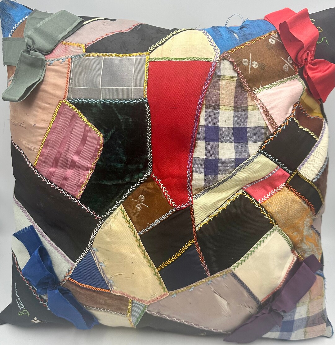 Antique Victorian Crazy Quilt Throw Pillow Patchwork Bows 1895 Signed 17x17 - Etsy