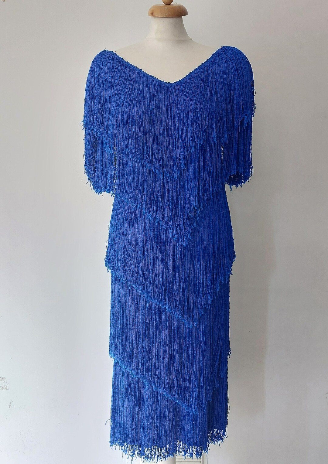 FRENCH RAG Cobalt Blue Tiered Fringe Hand Knit Midi Body Con Dress M - Etsy