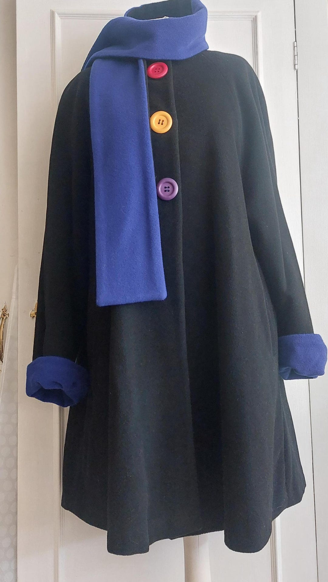 French 80s Black Mismatched Button Swing Coat With Scarf Cashmere Wool ...