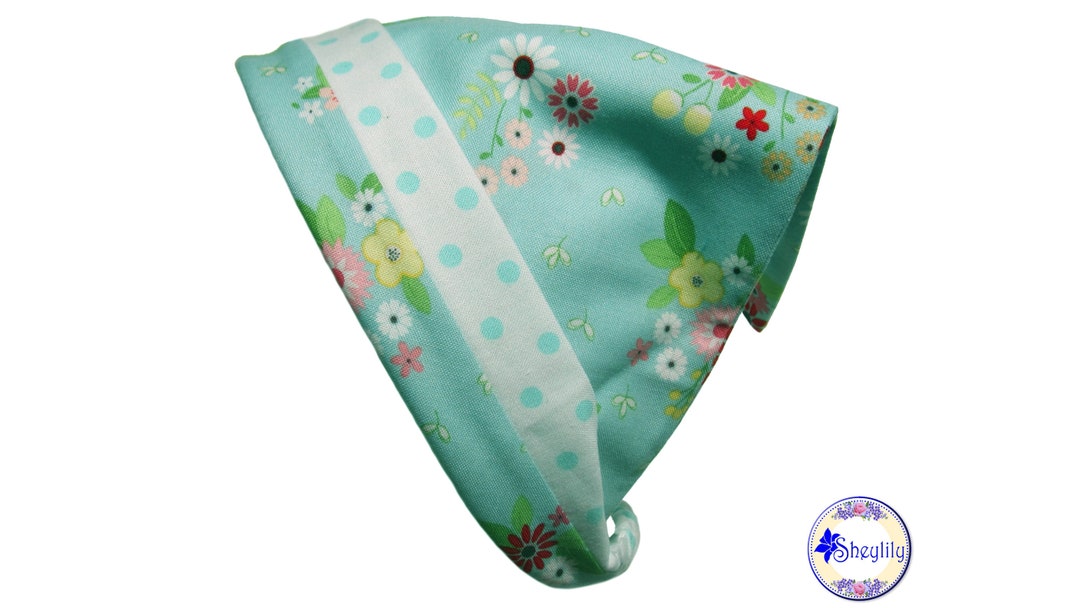 Cottagecore Head Scarf for Women, Aqua Floral White Polka Dot Fabric ...
