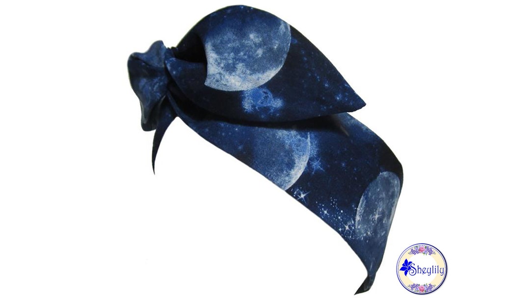 Luna Moon Wire Headband, Blue Lunar Cotton Fabric, Retro Inspired ...